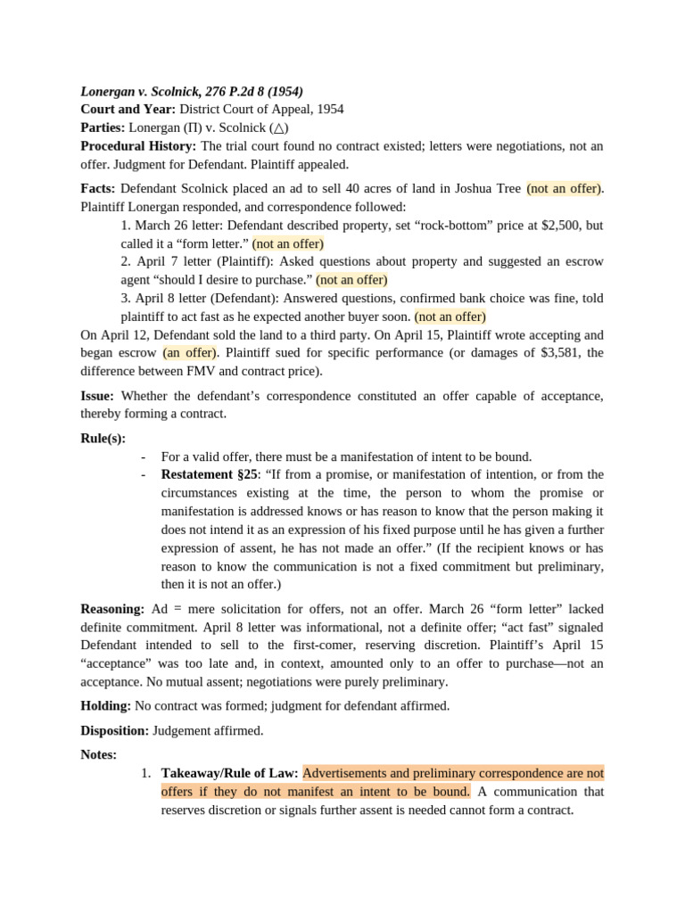 Lonergan v. Scolnick: No Contract Formed | PDF | Judgment (Law ...