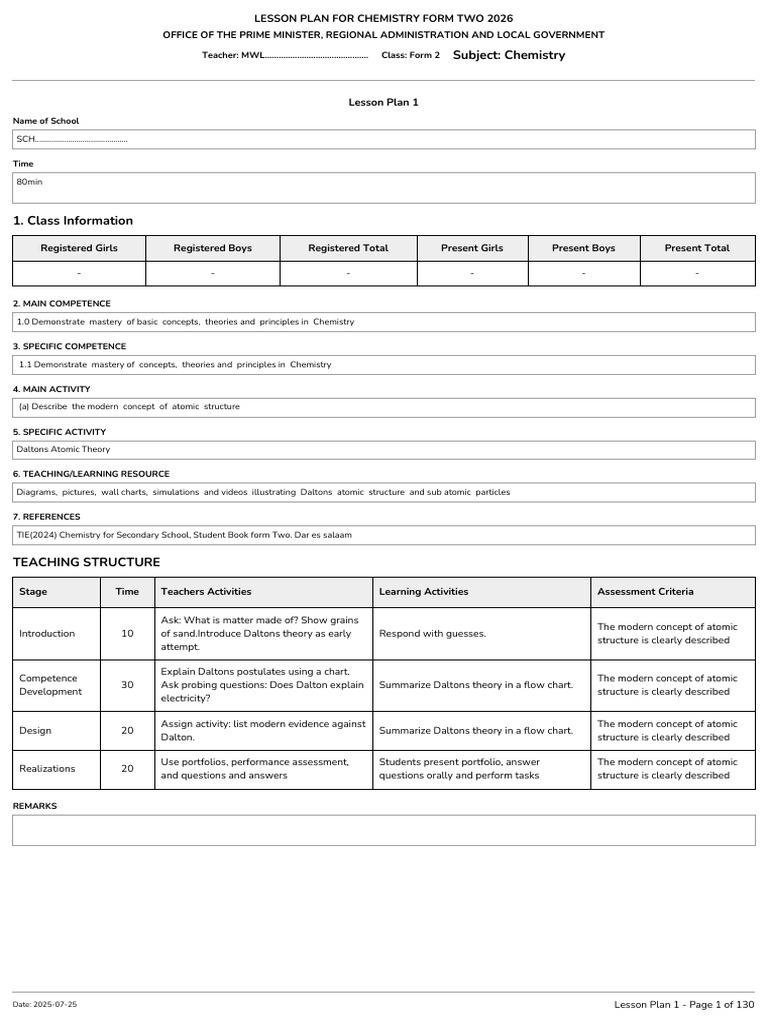 Lesson Plan for Chemistry Form Two 2026-1 | PDF | Chemistry | Lesson Plan