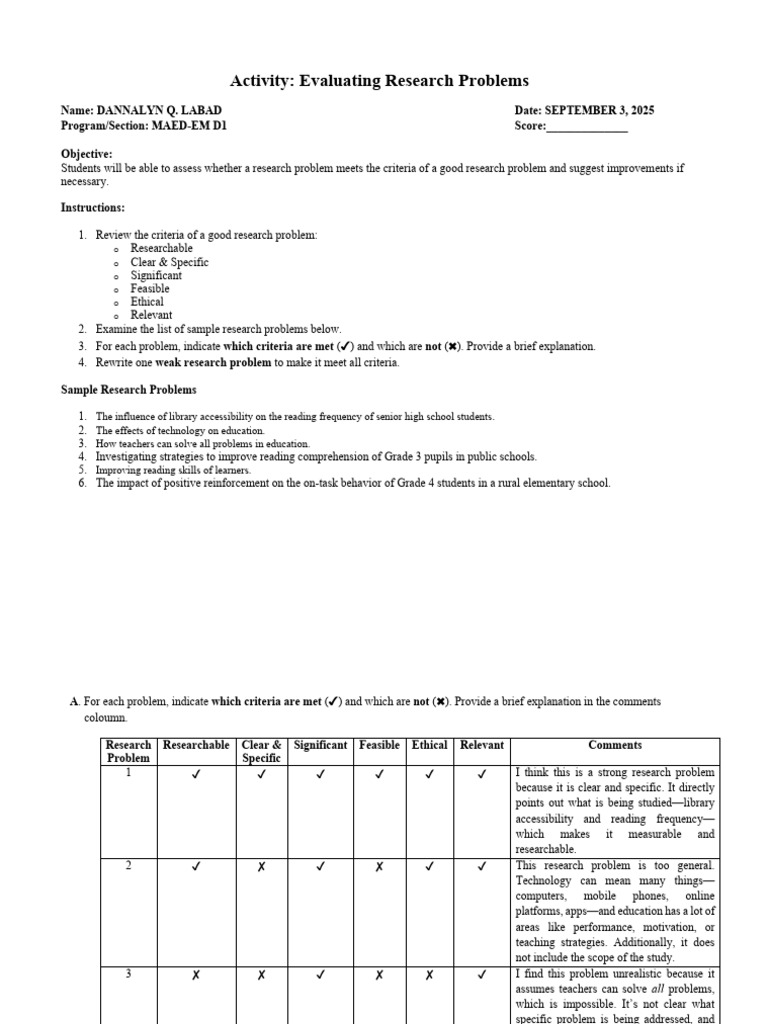 Evaluating Research Problems in Education | PDF | Teachers | Reading ...