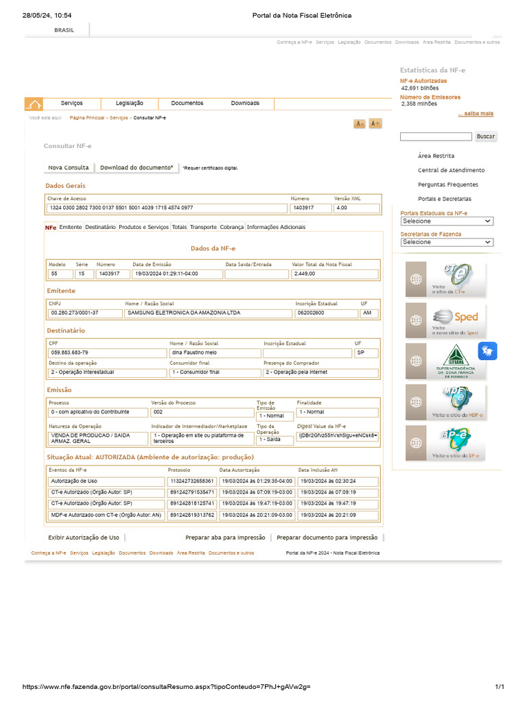 Portal Da Nota Fiscal Eletrônica | PDF | Recibo