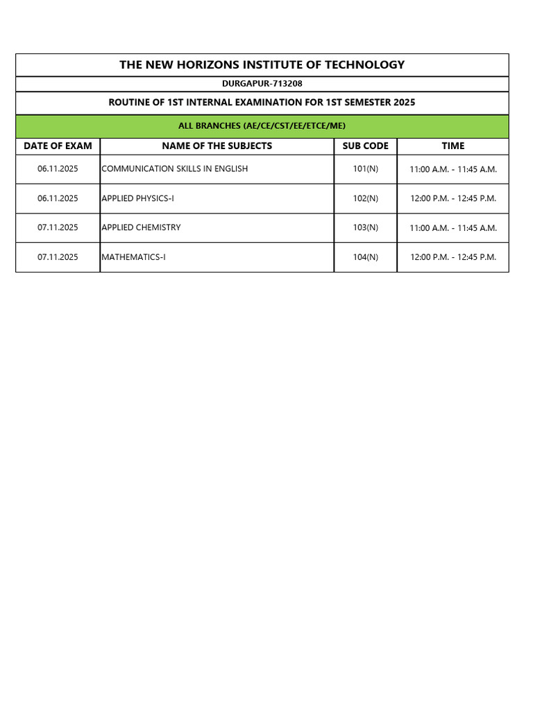 1st Semester 2025 Exam Schedule | PDF