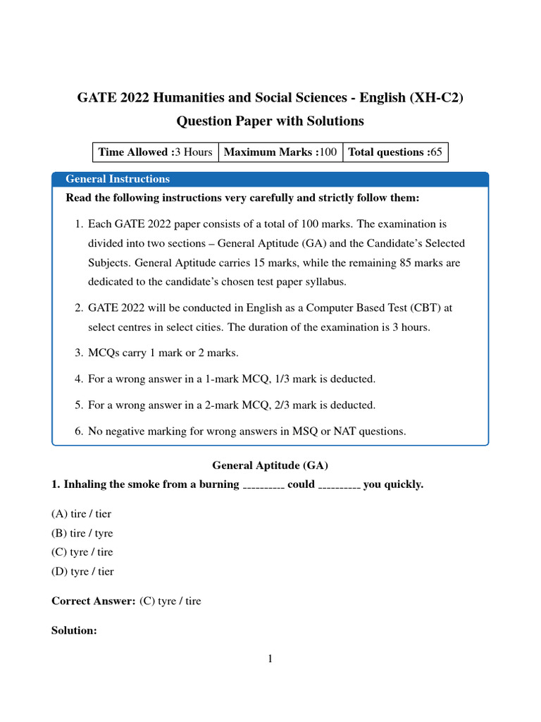GATE 2022 Humanities and Social Sciences English XH C2 Question Paper ...