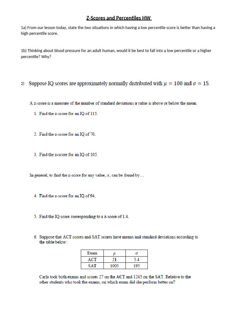 Z-Scores and Percentiles Homework Guide | PDF | Median | Percentile