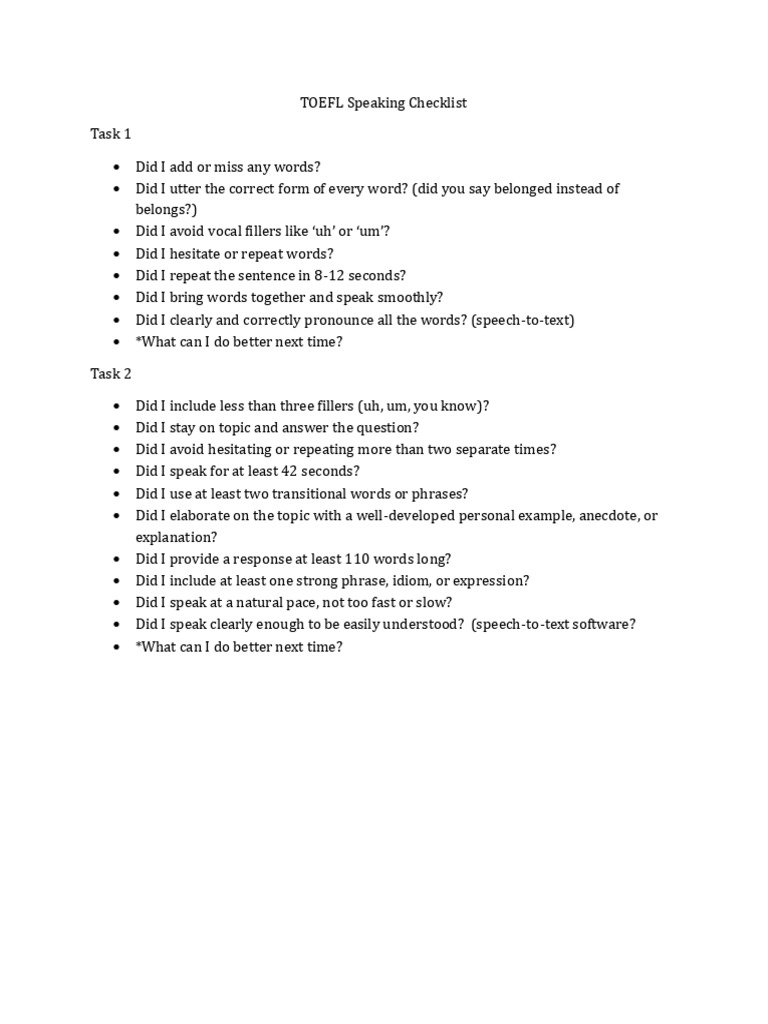 TOEFL Speaking Task Checklist | PDF