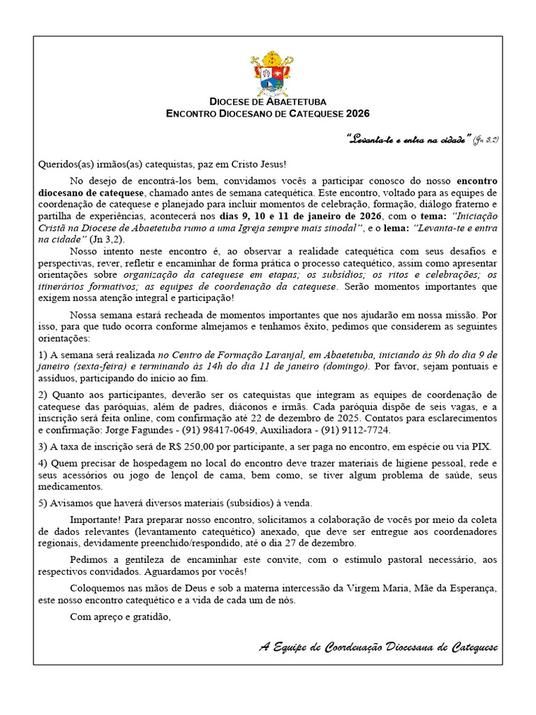 Carta Semana de Catequese 2026 rev 02-1 | PDF | Catecismo | Igreja católica