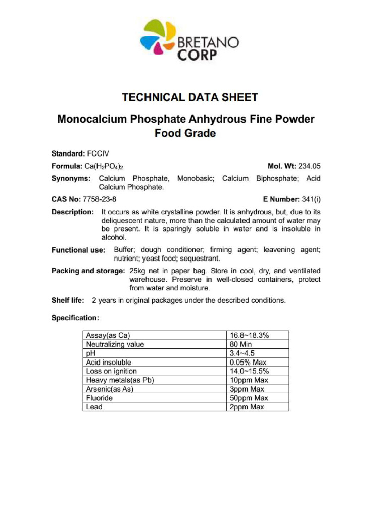Monocalcium Phosphate Anhydrous Fine Powder-TDS-Bretano | PDF