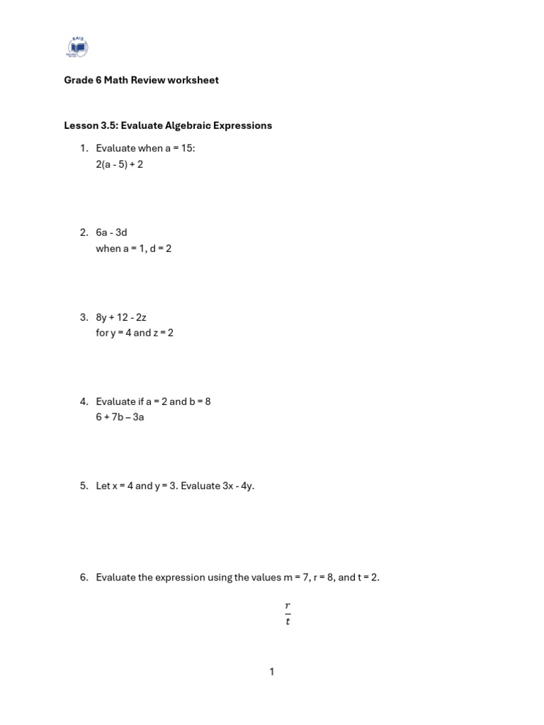 GRADE 6 MATH Worksheet (1) | PDF