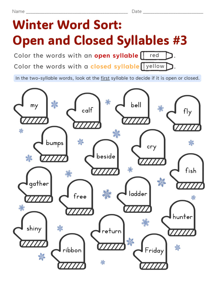 Winter Word Sort Open and Closed Syllables 3 | PDF