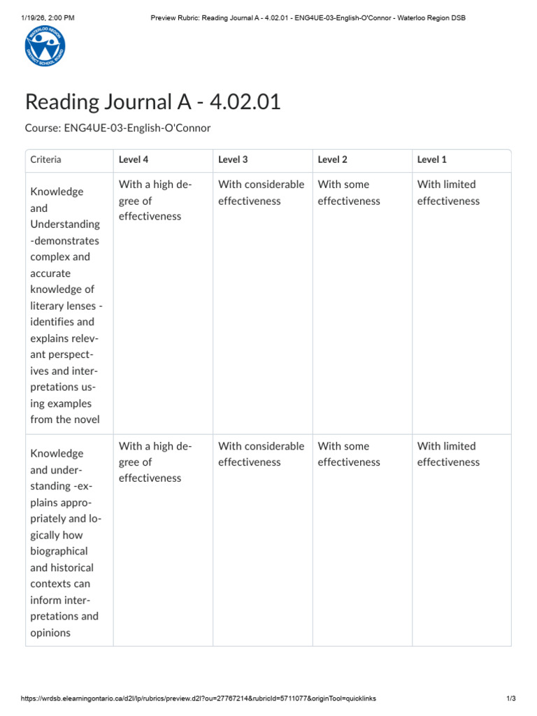 Preview Rubric - Reading Journal A - 4.02.01 - EnG4UE-03-English-O ...
