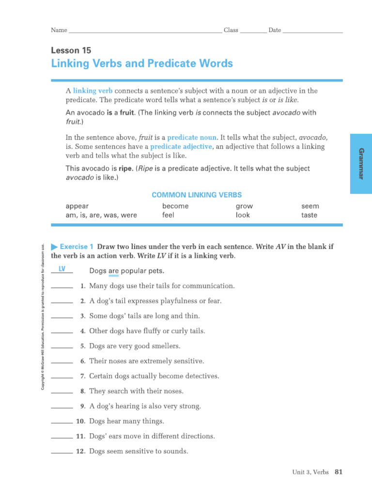 Grammar Lesson 16 Linking Verbs | PDF