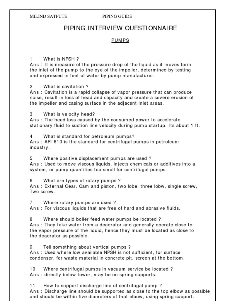 2) Piping Interview Questionnaire | PDF | Pump | Heat Exchanger
