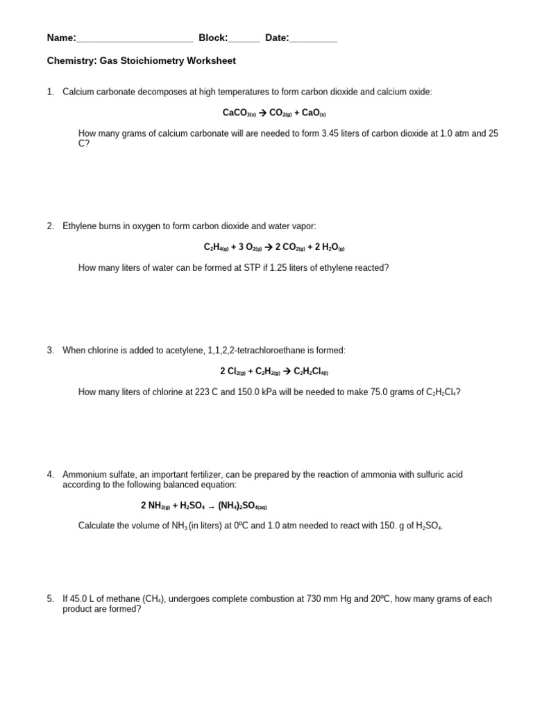 Gas Stoichiometry Practice Problems | PDF