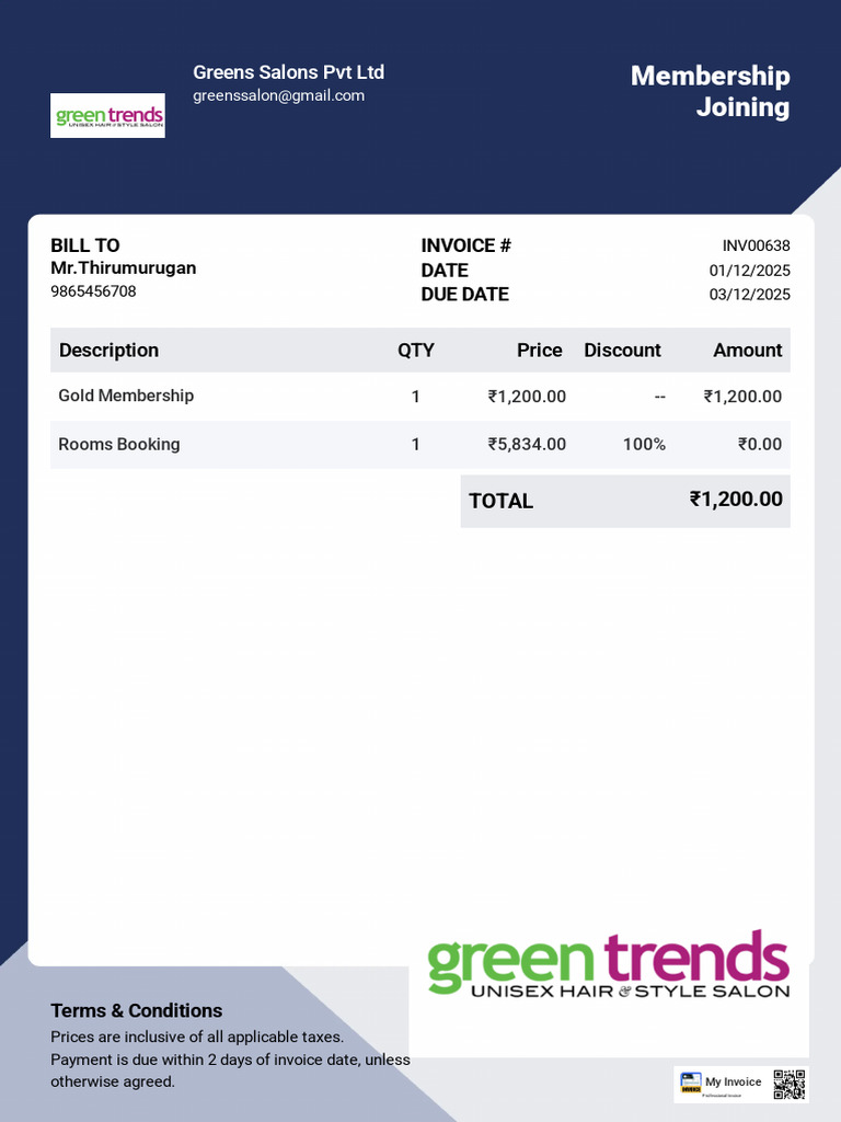 Greens Salons Membership Invoice INV00638 | PDF
