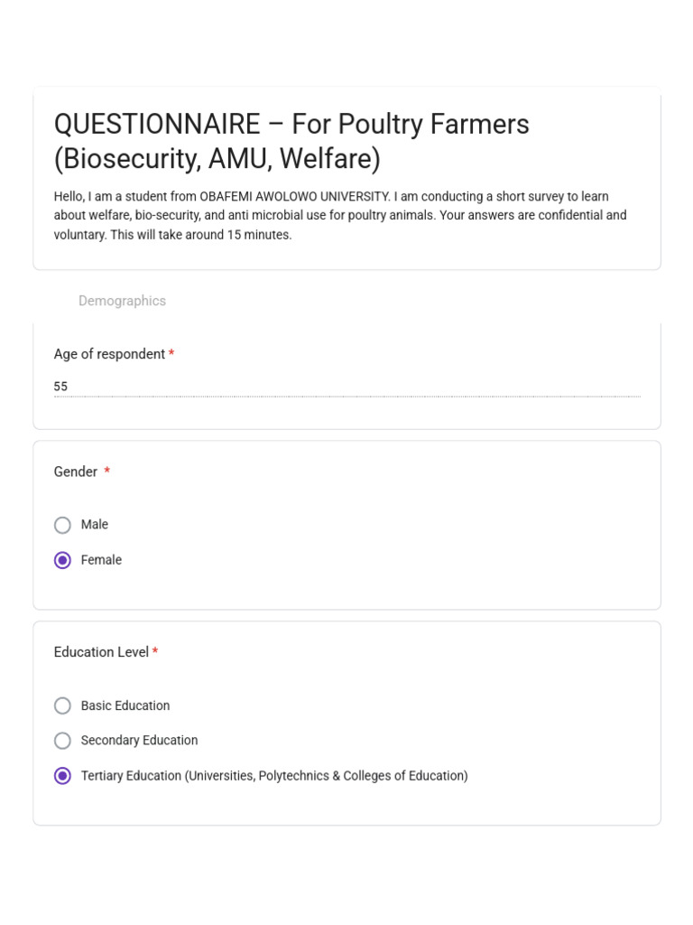 QUESTIONNAIRE - For Poultry Farmers (Biosecurity, AMU, Welfare ...