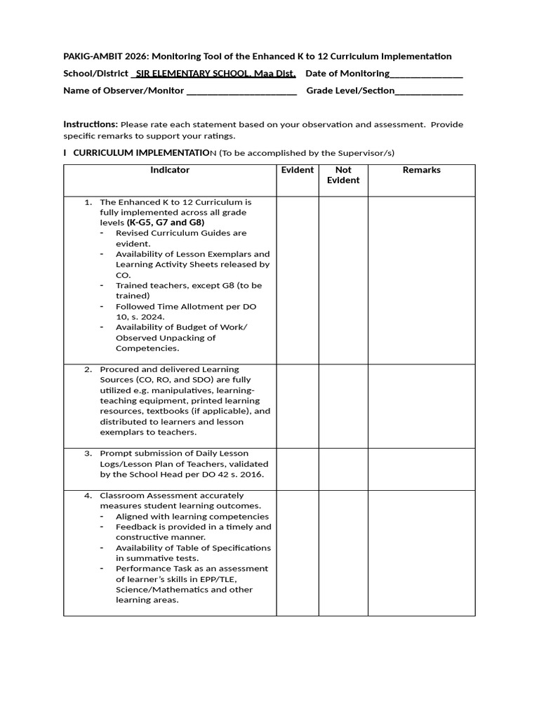 K to 12 Curriculum Monitoring Tool 2026 | PDF | Educational Assessment ...