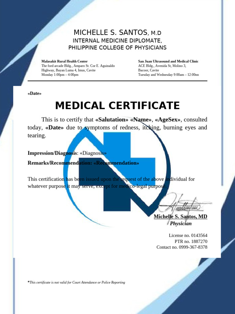Medical Certificate by Dr. Michelle Santos | PDF