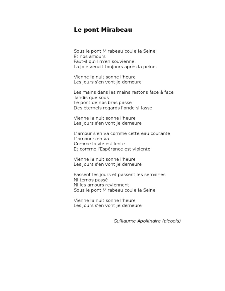 Le Pont Mirabeau d'Apollinaire | PDF | Littérature européenne | Poésie