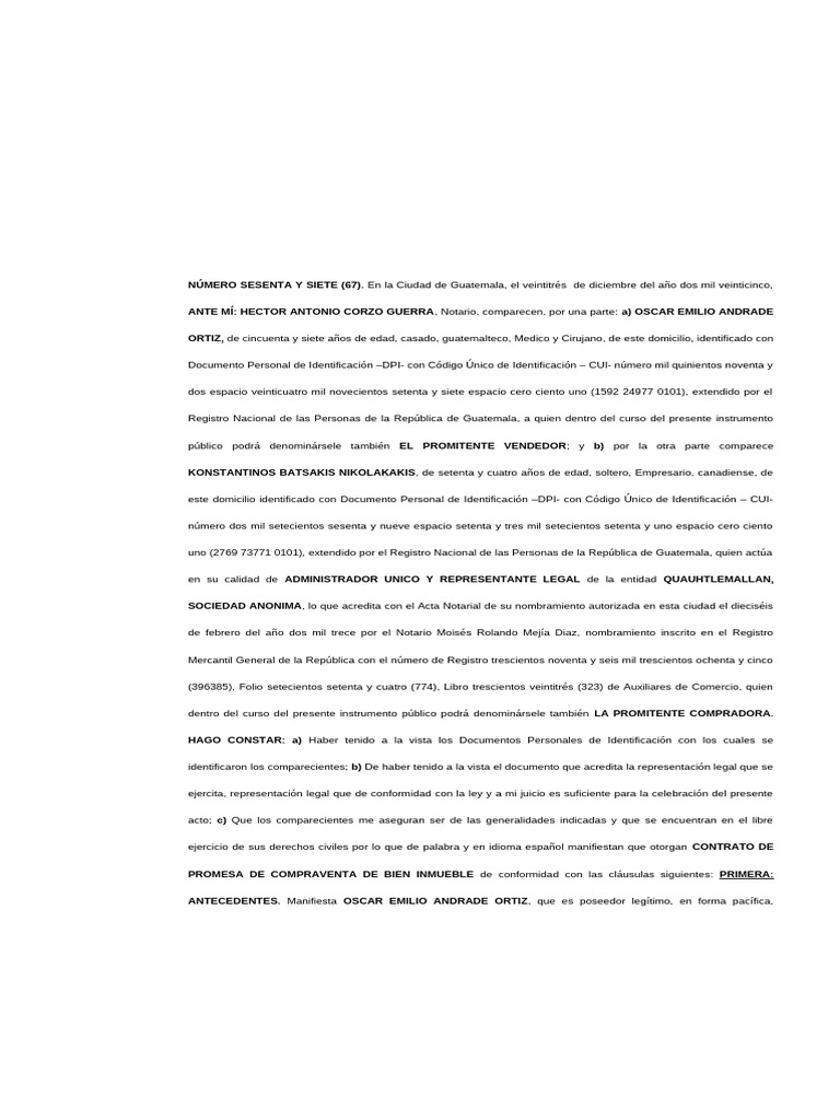 PROMESA DE COMPRAVENTA OSCAR ANDRADE Dic -2025 final | PDF | Pago inicial | Guatemala