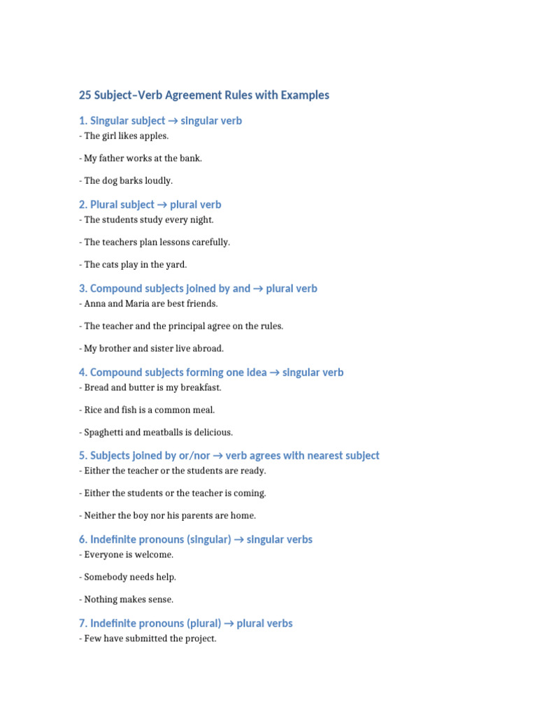 25 Rules for Subject-Verb Agreement | PDF | Grammatical Number | Plural