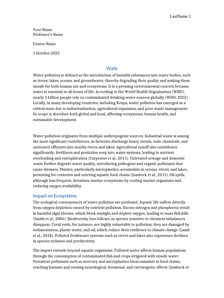 Water Pollution Essay MLA | PDF