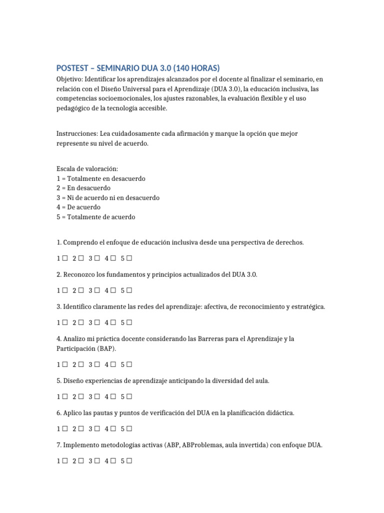 Postest_DUA_3_0_Formato_Pretest (1) | PDF | Aprendizaje | Maestros