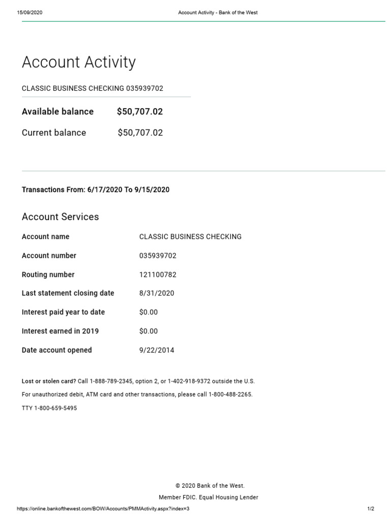 Account Activity - Bank of The 333 | PDF