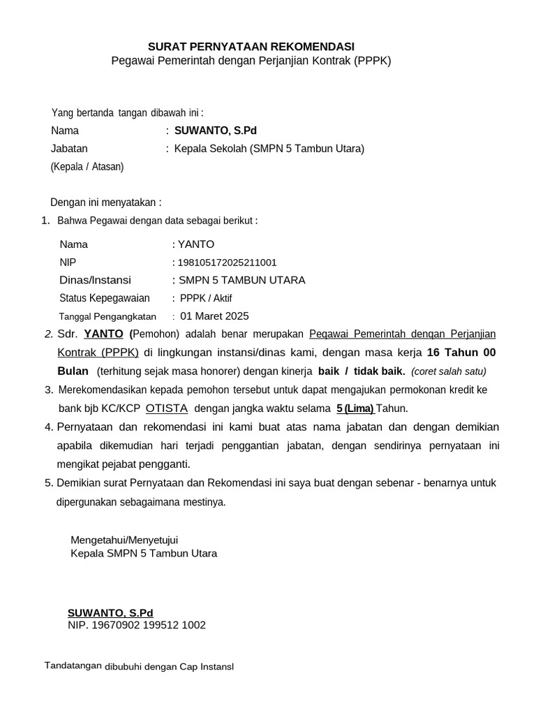 Rekomendasi Kredit PPPK Yanto SMPN 5 | PDF