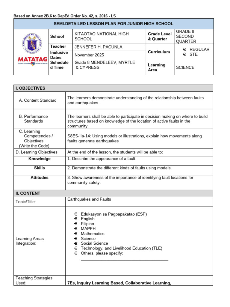 Junior High School Science Lesson Plan | PDF | Earthquakes | Fault ...