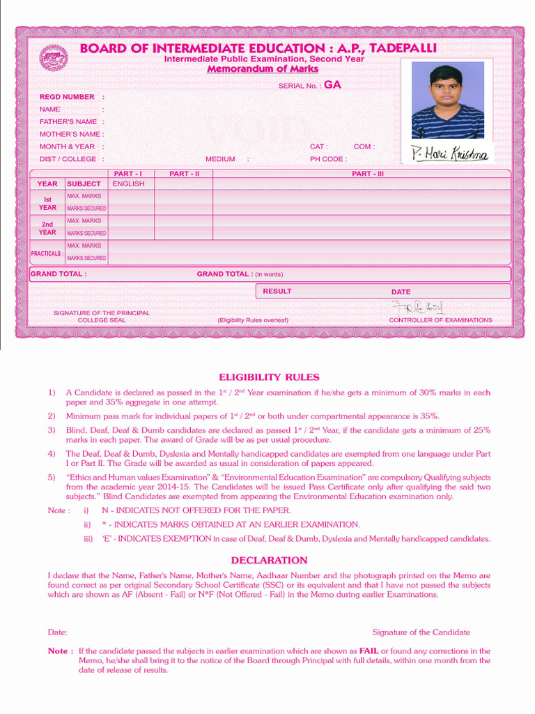 Intermediate Marks List | PDF