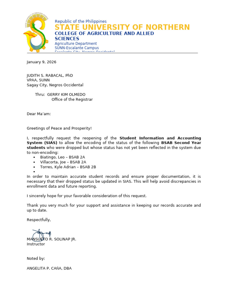 Letter of Reopening of Sias - Mansueto Solinap Jr. | PDF