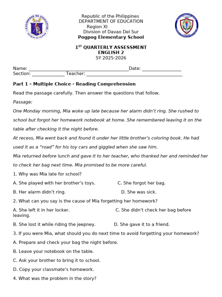 English 2 Quarterly Assessment Guide | PDF | Linguistics