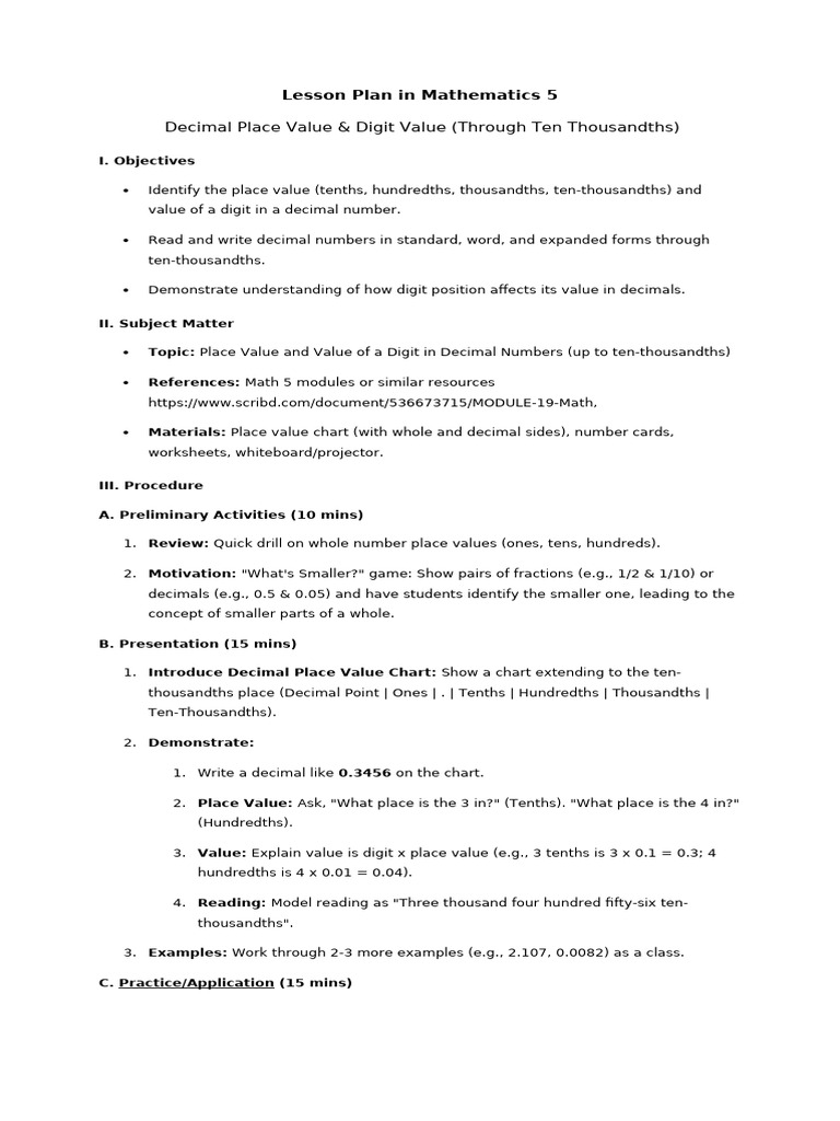 Decimal Place Value Lesson Plan | PDF | Numbers | Decimal