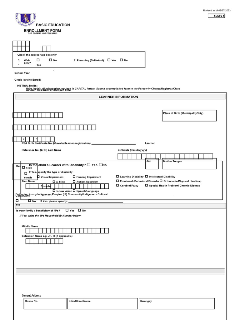 Annex Basic Education Enrollment Form | PDF | Intellectual Disability ...