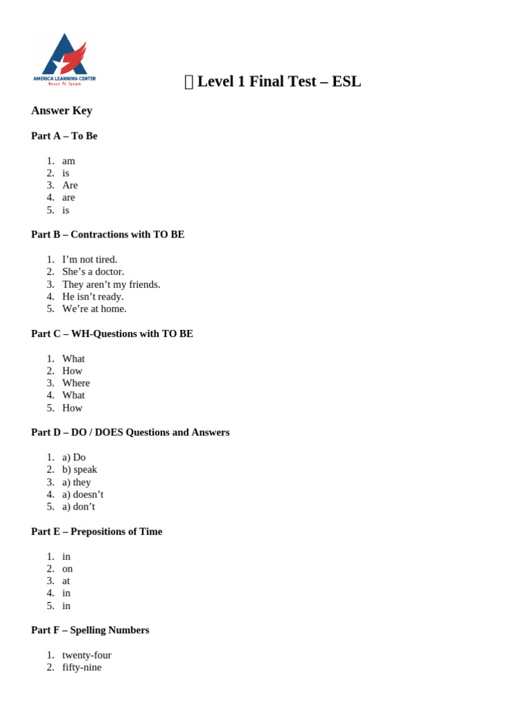 ? Level 1 Final Test Answer Key May 2, 2025 | PDF