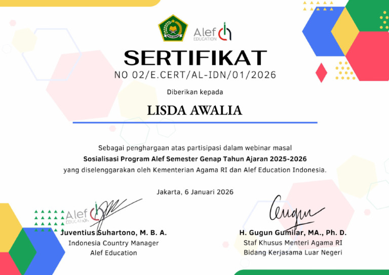 SERTIFIKAT LISDA AWALIA - MTs PP Geologi Perunggu - Sulawesi Selatan | PDF