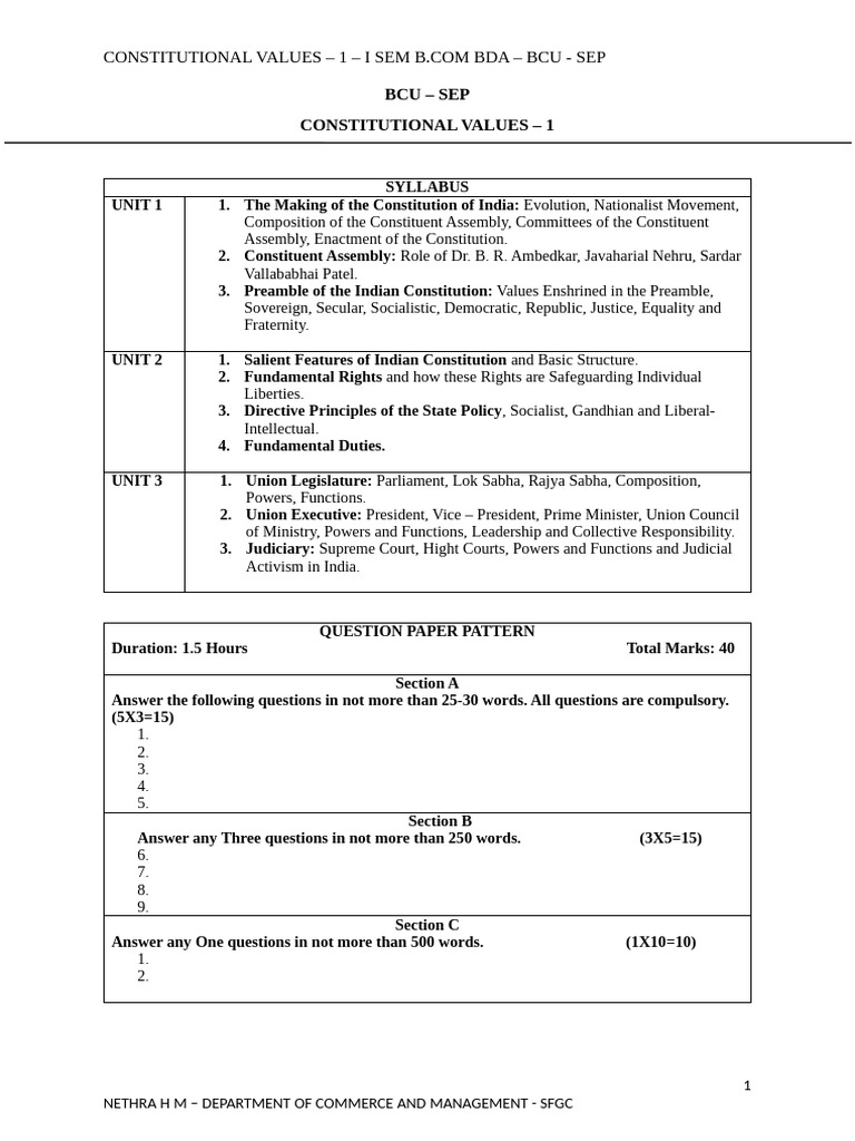 Constitutional Values Syllabus for B.Com | PDF | Jawaharlal Nehru | Dalit