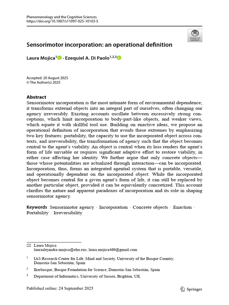 Operational Definition of Sensorimotor Incorporation | PDF | Experience ...