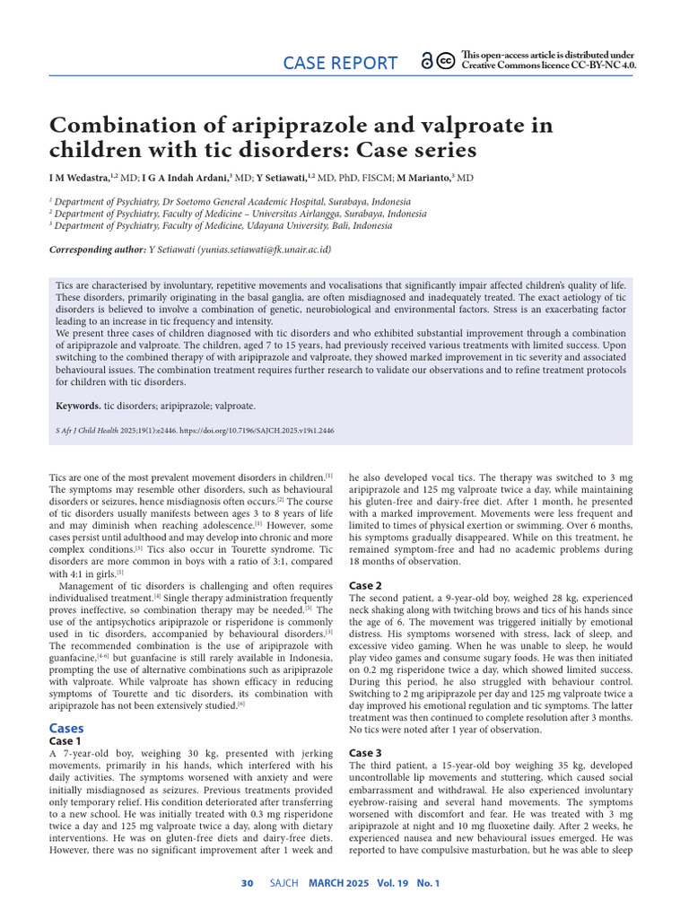 Combination of Aripiprazole and Valproate in Children With Tic ...