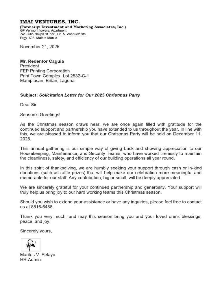 Christmas Party Donation Solicitation Letter | PDF