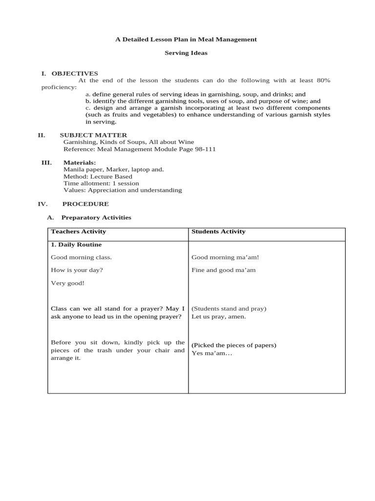 TRADITONAL Lesson Plan in Meal Management (1) | PDF | Alcoholic ...