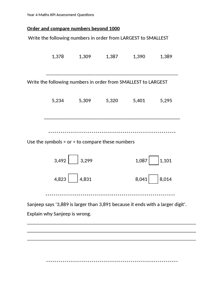 Year 4 Maths KPI Assessment Questions | PDF | Elementary Mathematics ...