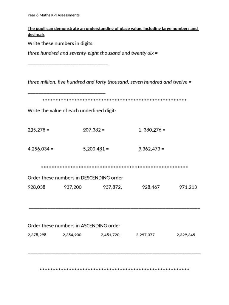 Year 6 Maths KPI Assessment Questions | PDF | Elementary Mathematics ...