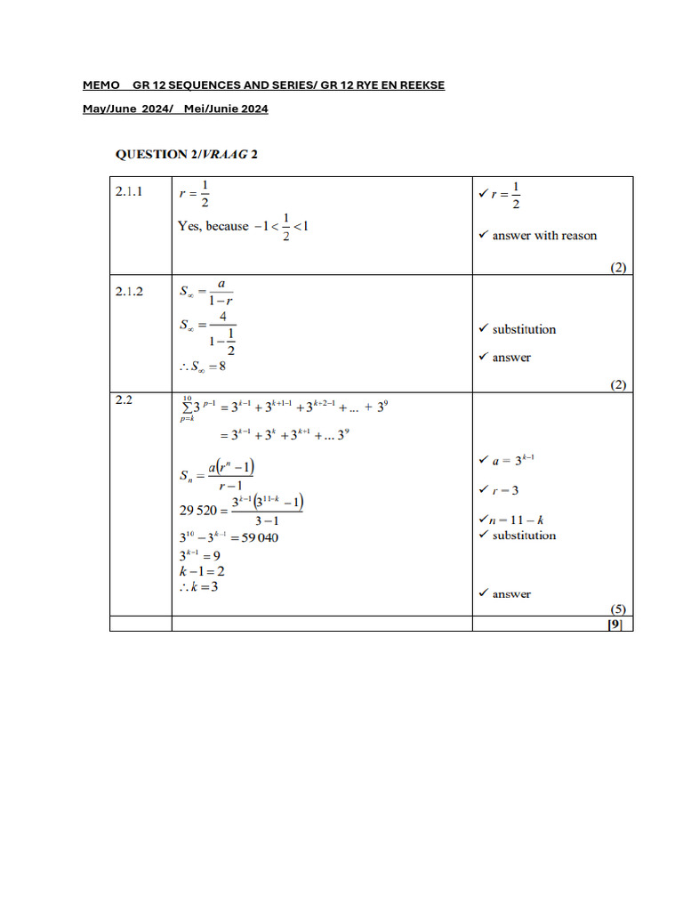 Grade 12 Sequences and Series Memo | PDF
