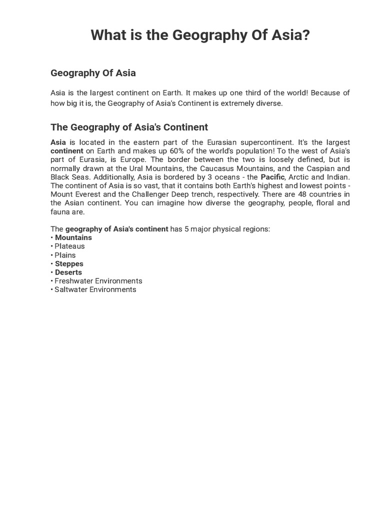 Geography of Asia's Continent - Answered - Twinkl | PDF | Asia | Continent