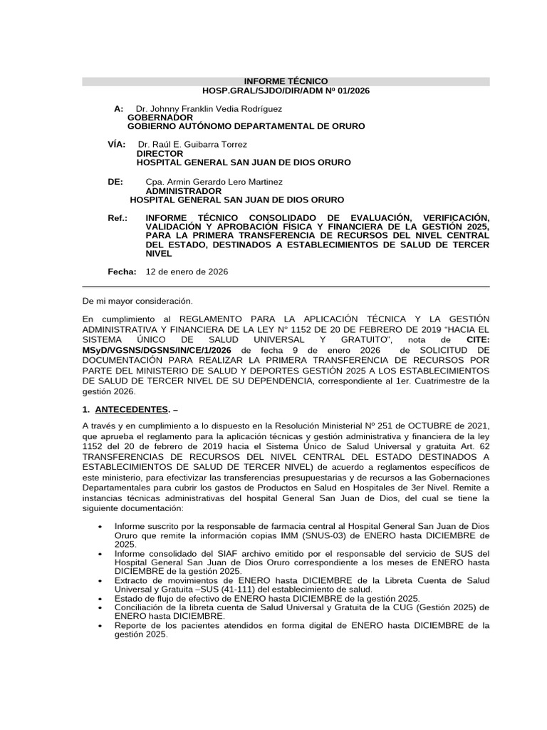 INFORME PRIMER DESEMBOLSO 2026 2° REVISION | PDF | Hospital | Presupuesto