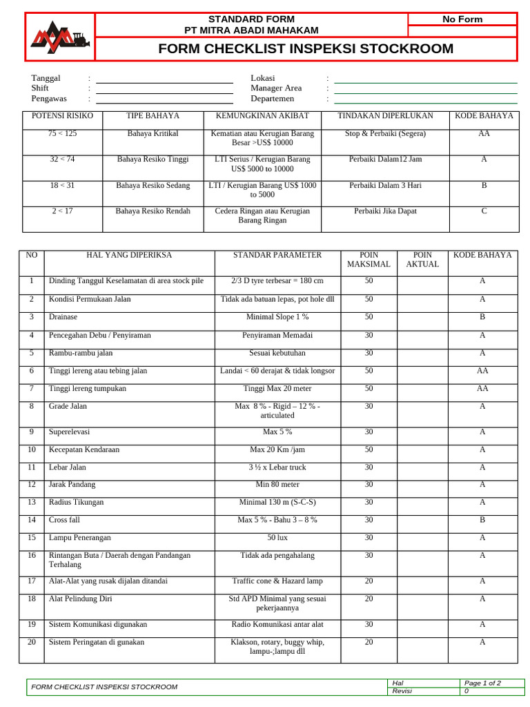 Checklist Inspeksi Stockroom PT Mitra Abadi | PDF