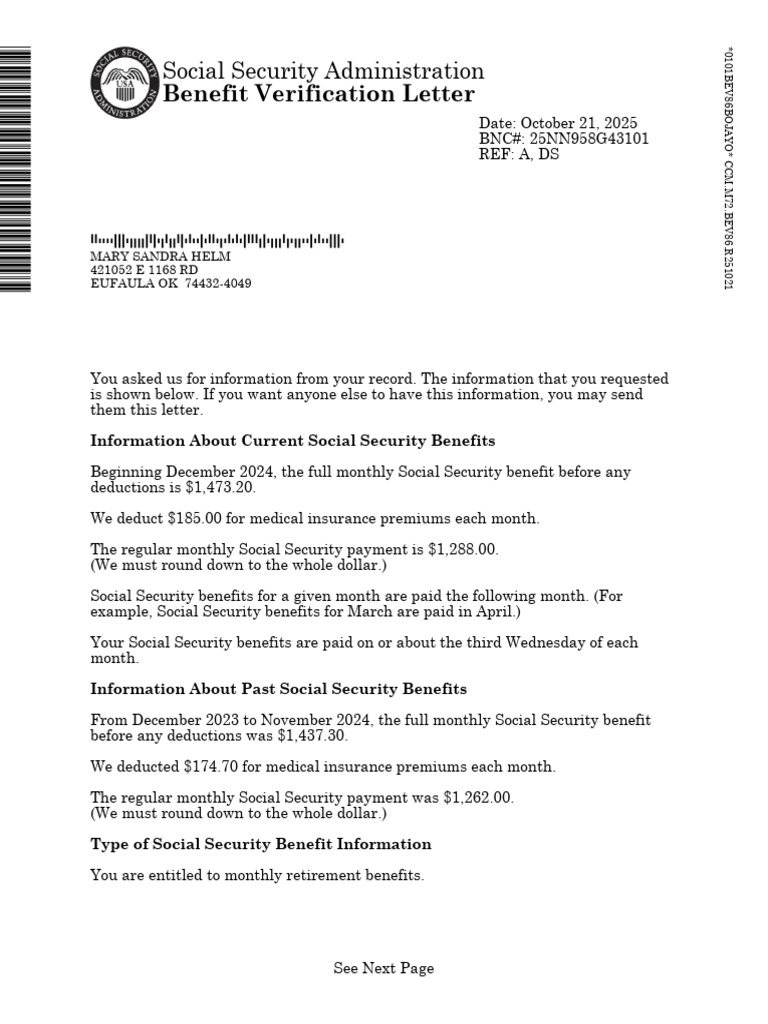 Social Security Benefit Verification Letter | PDF | Social Security ...