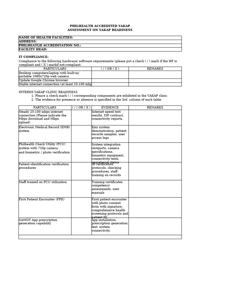 Yakap Clinic Readiness Assessment Form | PDF | Verification And ...