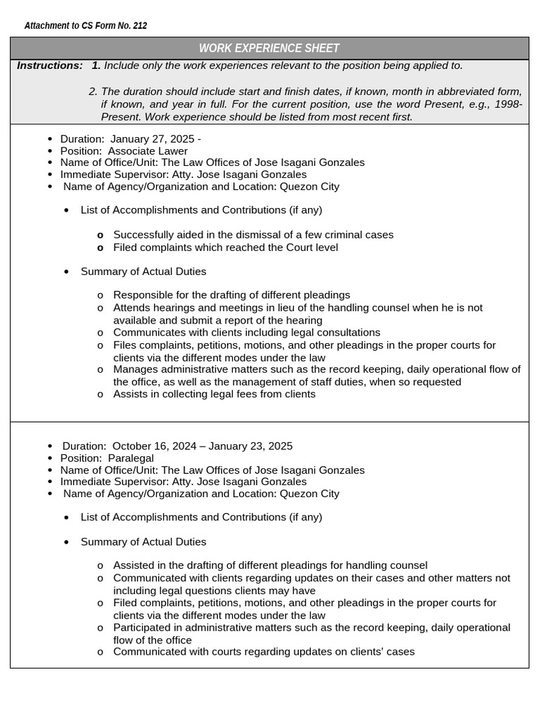 Work Experience Sheet for Legal Positions | PDF | Complaint | Pleading