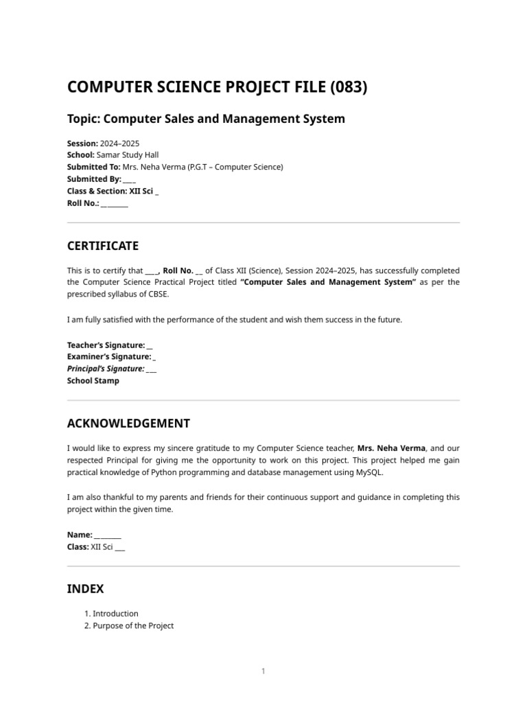 Computer Sales and Management System - Class Xii Cs Project | PDF | My ...